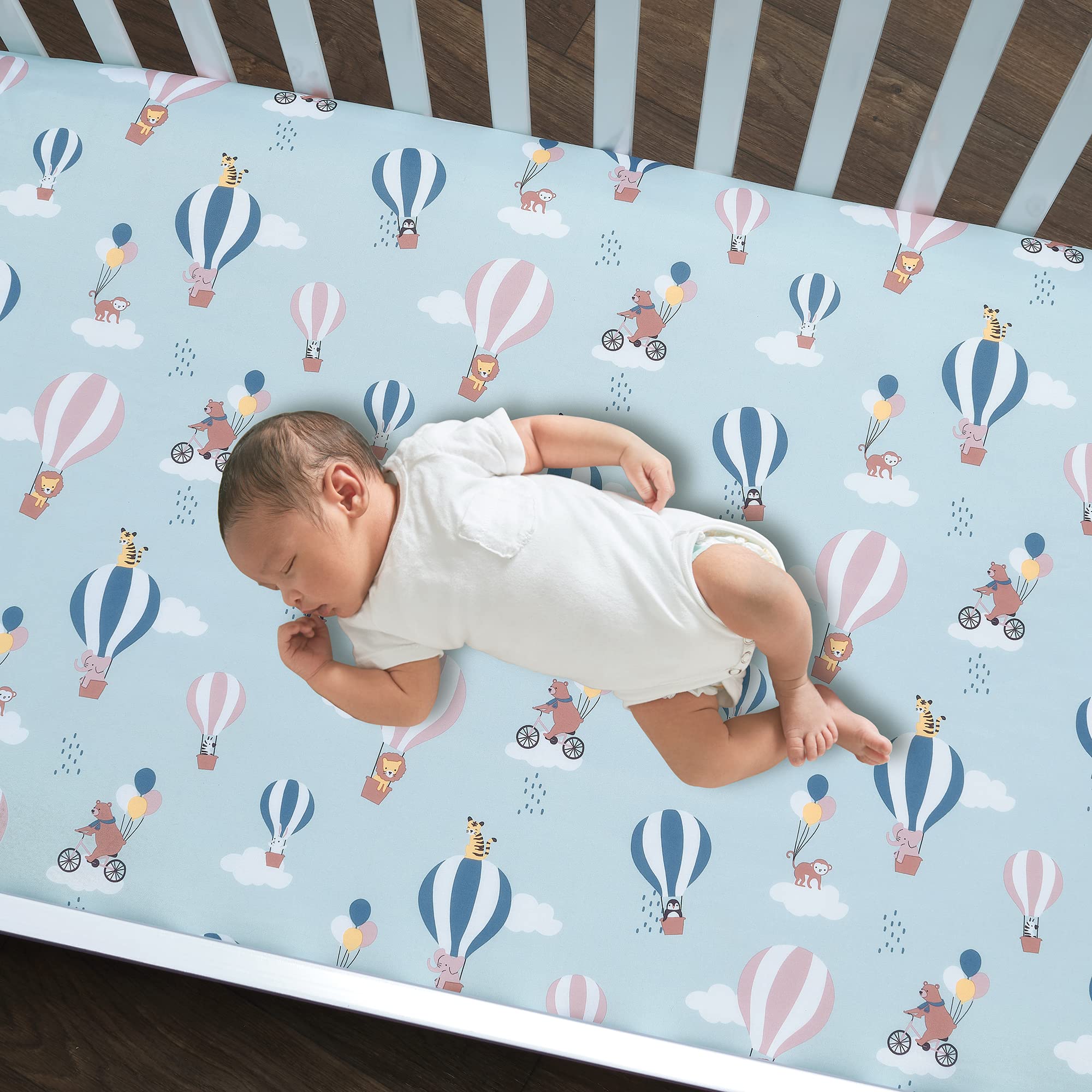 Bedtime Originals Up Up & Away Hot Air Balloon Animals Polyester Fitted Crib Sheet - Blue