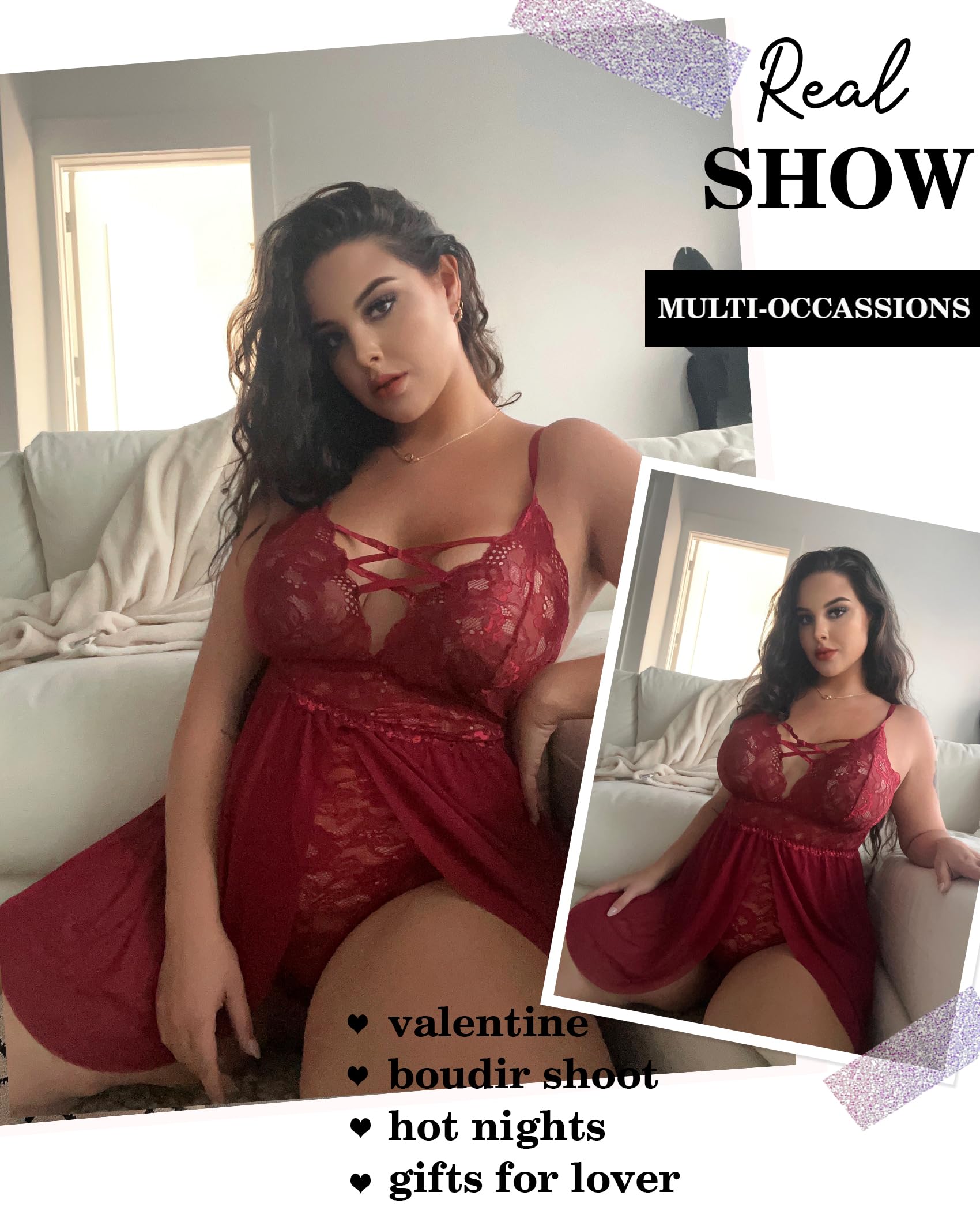 Avidlove Plus Size Babydoll For Women Sexy Nightgowns For Women Plus Size Lingerie (Wine Red, XL)