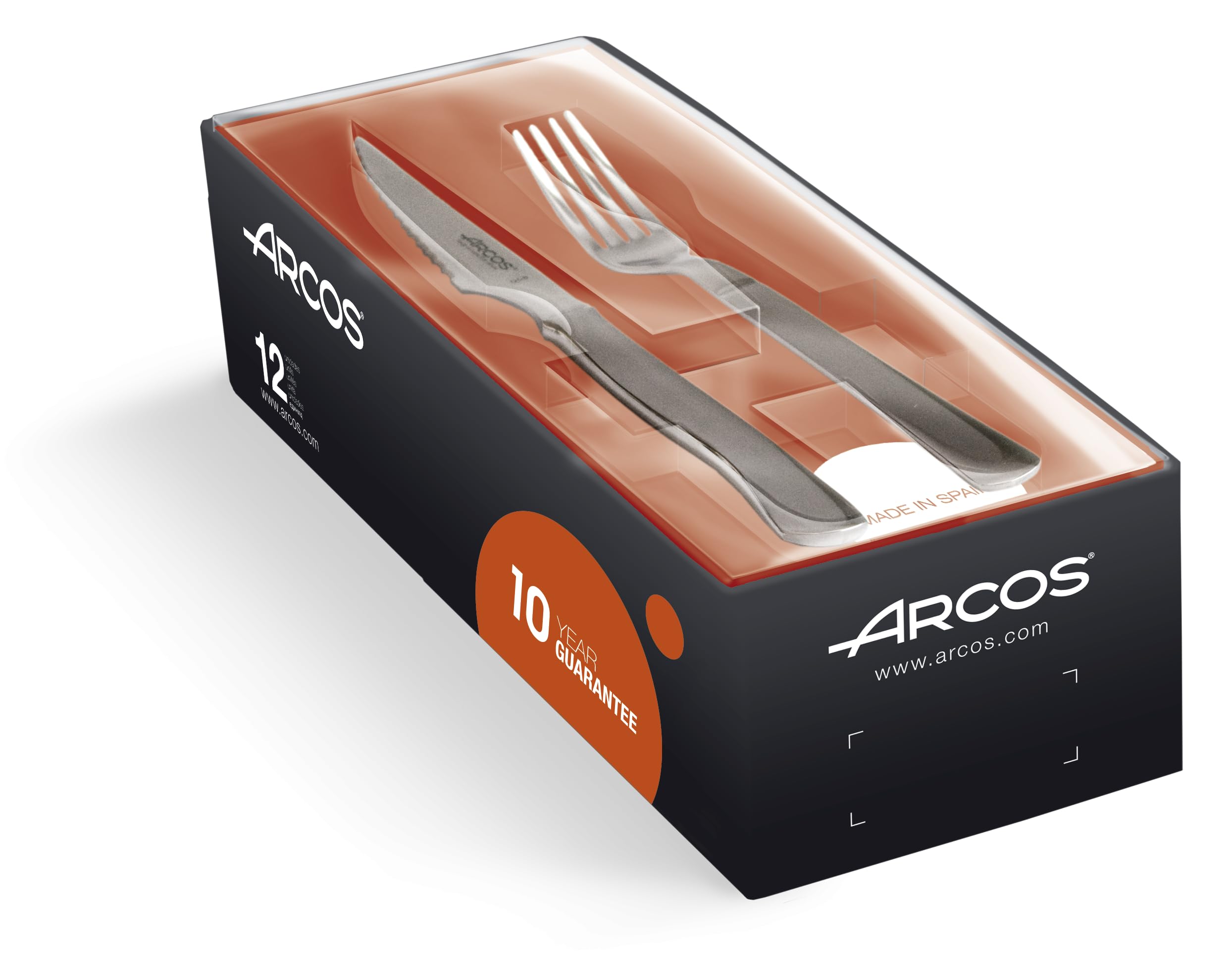 ARCOS Forged Steak Knife Set 12 pieces. 6 Knives + 6 Forks. Hardened and Tempered High-Carbon Stainless Steel with Pearl Edge for Cutting Meat. Series Mesa. Silver Color