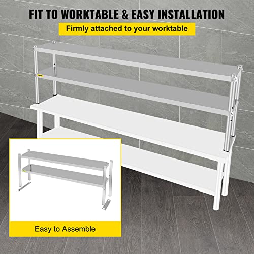 VEVOR Double Overshelf, Double Tier Stainless Steel Overshelf, 72 in Length x 12 in Width Double Deck Overshelf, Height Adjustable Overshelf for Prep & Work Table in Kitchen, Restaurant and Workshop