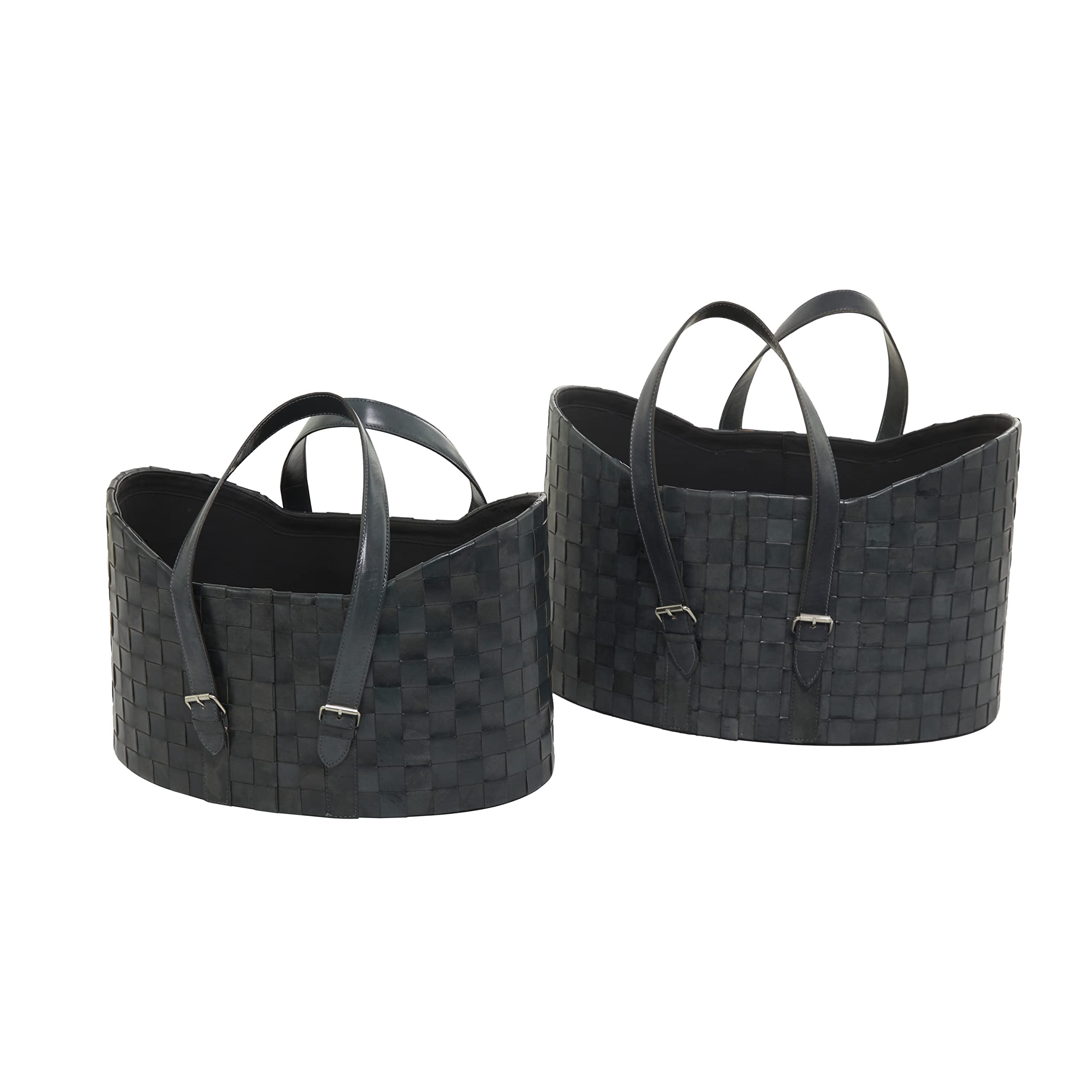 Deco 79 Leather Oval Storage Basket with Handles, Set of 2 21", 19"W, Dark Blue