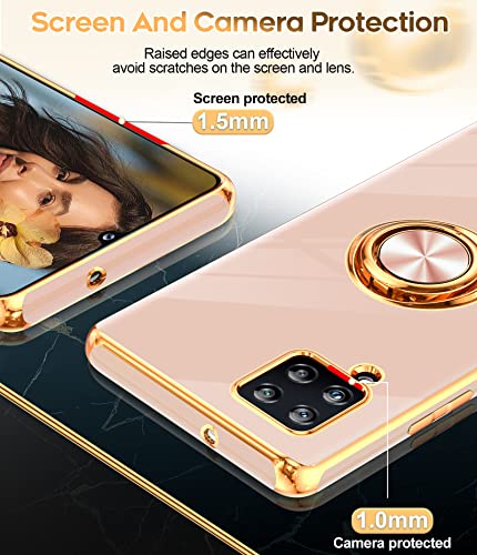 LeYi for Samsung Galaxy A42 5G Case with Tempered Glass Screen Protector [2 Pack] 360° Rotatable Ring Holder Magnetic Kickstand, Plating Rose Gold Edge Protective Case, Pink