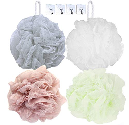 Bath Shower Sponge Loofahs, Large 60g Mesh Pouf Shower Ball 4pcs+ 4pcs Hooks, Nature Bamboo Charcoal Soft Body Scrubber Exfoliating for Silky Skin, Full Cleanse, Rich Lather
