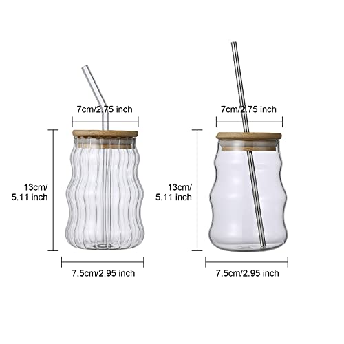 KWQBHW 2 Pack Drinking Glasses with Bamboo Lids and Glass Straw 17oz Creative Ripple Bobo Cup New Glass Tumbler Cups for Iced Coffee Soda Beer Juice Tea