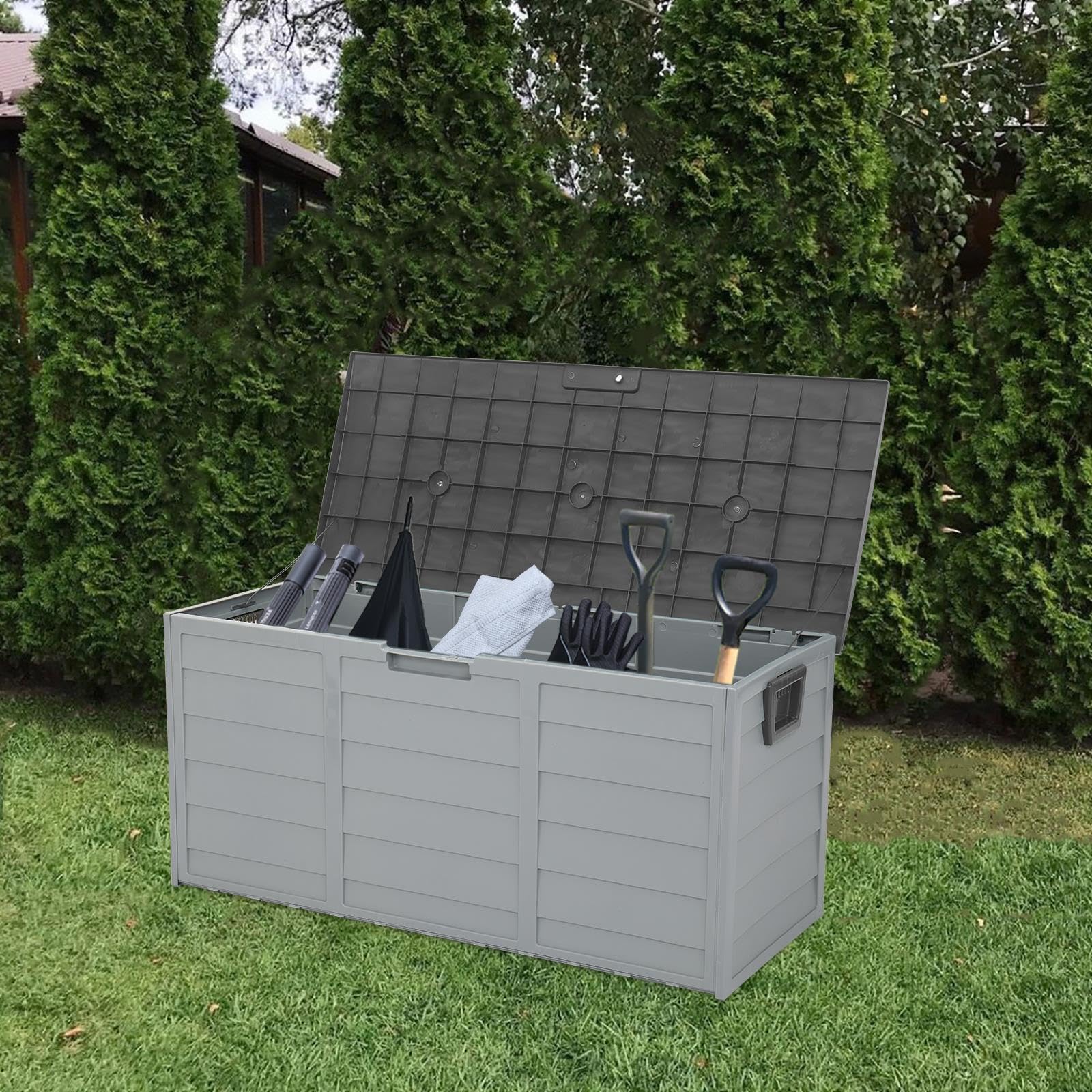 TBMAQ All Weather Pool Deck Box Storage Shed Backyard Patio Outdoor w/Wheel
