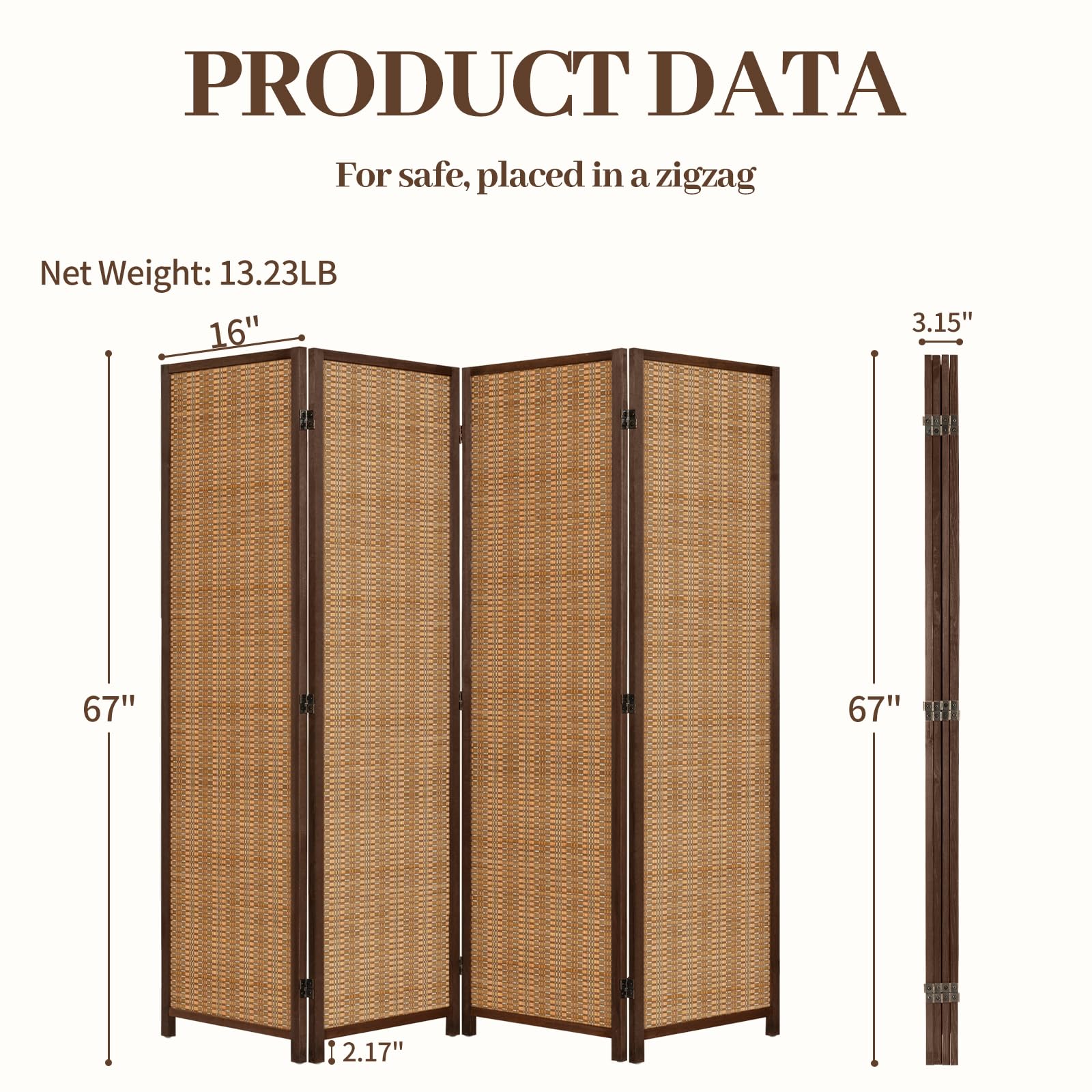 HALLYBEE Room Divider, Room Dividers and Folding Privacy Screens Privacy Screen, Divider for Room Separation Partition Room Dividers, 16" Screen 5.6FT Bamboo Wall 4 Panel, Brown with Brown Frame