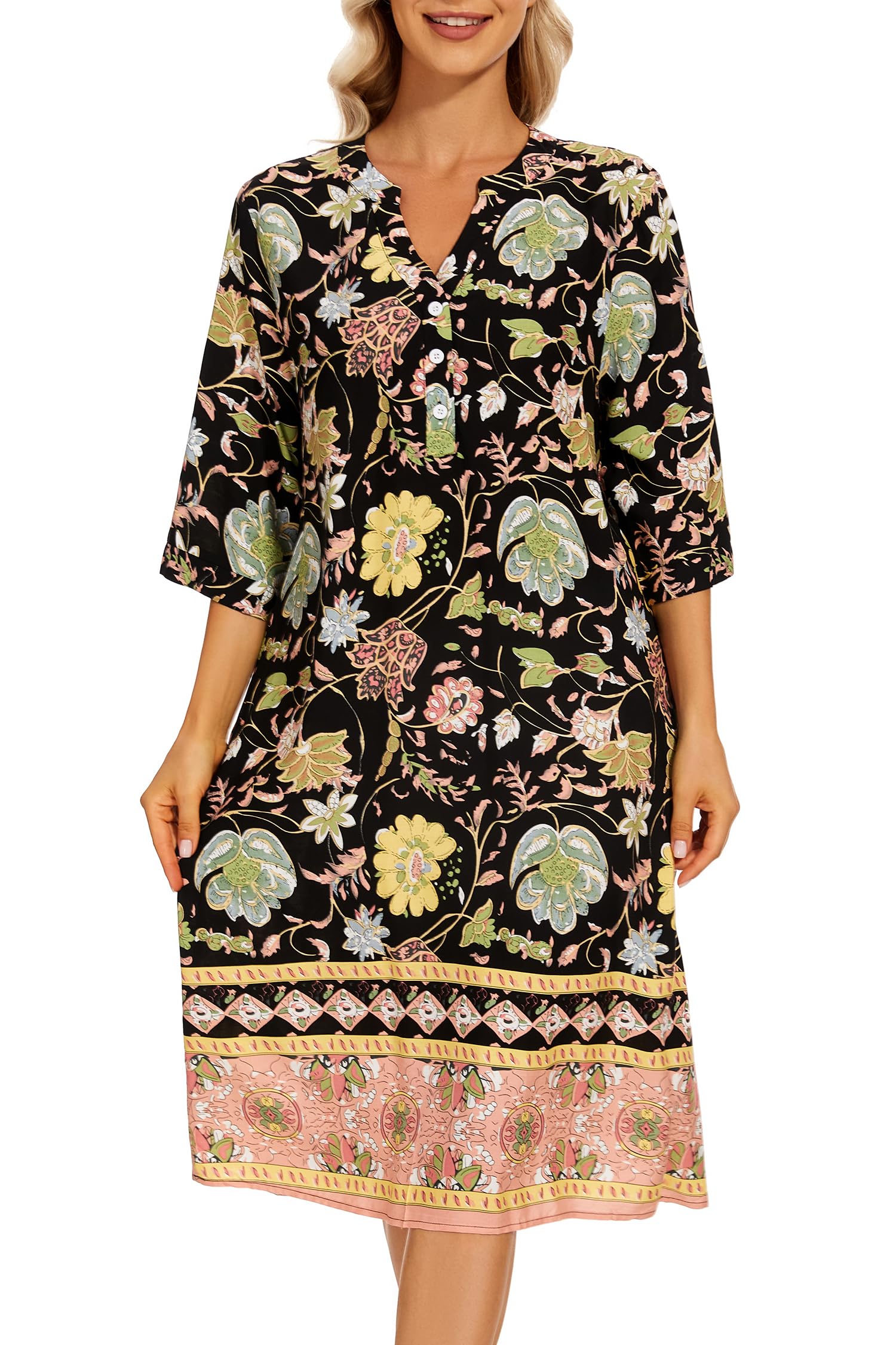 AVIIER House Dress Womens 3/4 Sleeve Floral Print Nightdress with Pockets (Black Flower, Large)