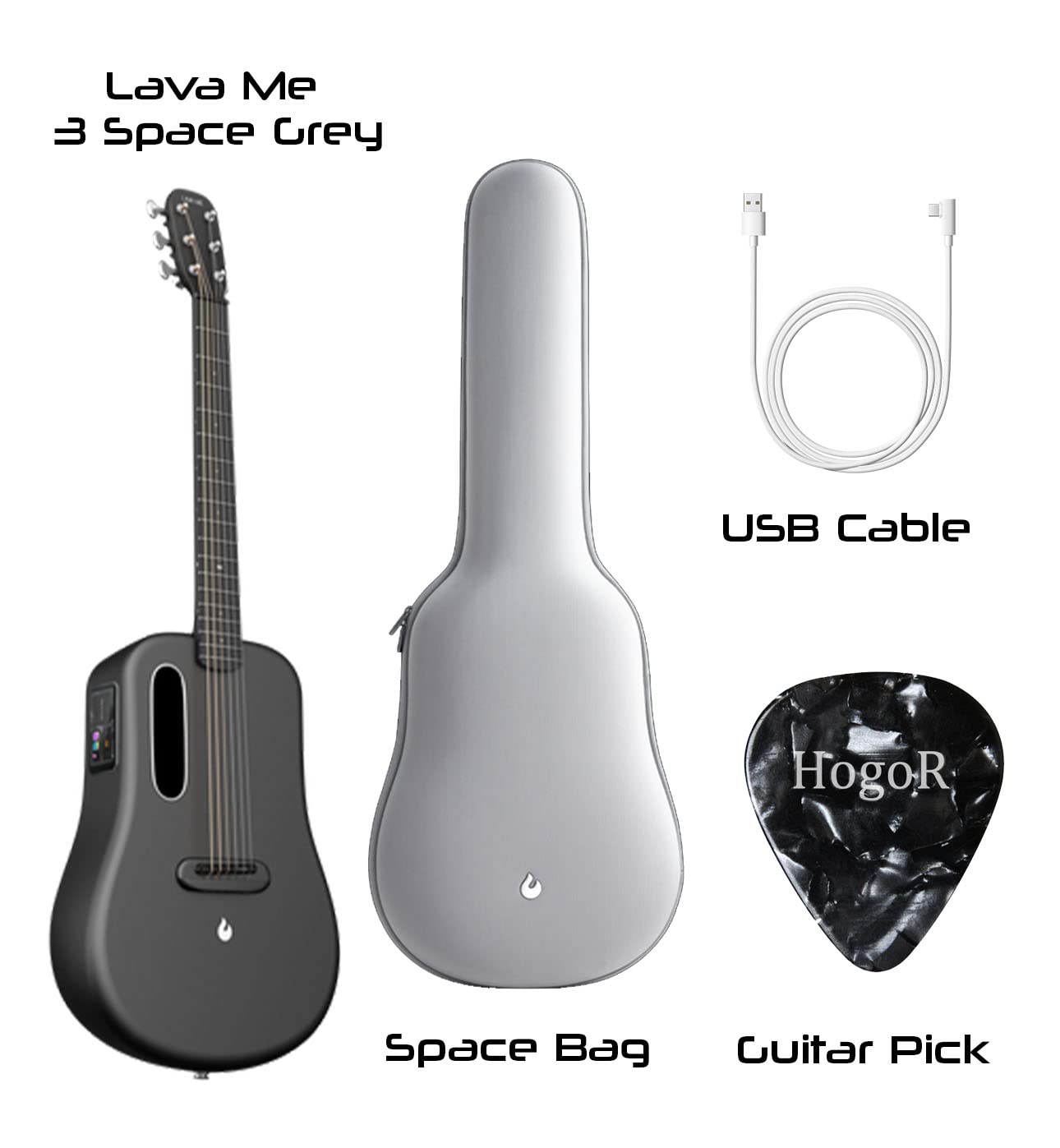 LAVA ME 3 38" Carbon Fiber Lightweight Guitar for Right Hand with Effects Acoustic Guitar Soft | Support Wi-Fi Bluetooth | with Space Bag, Bundle with HogoR Guitar Pick