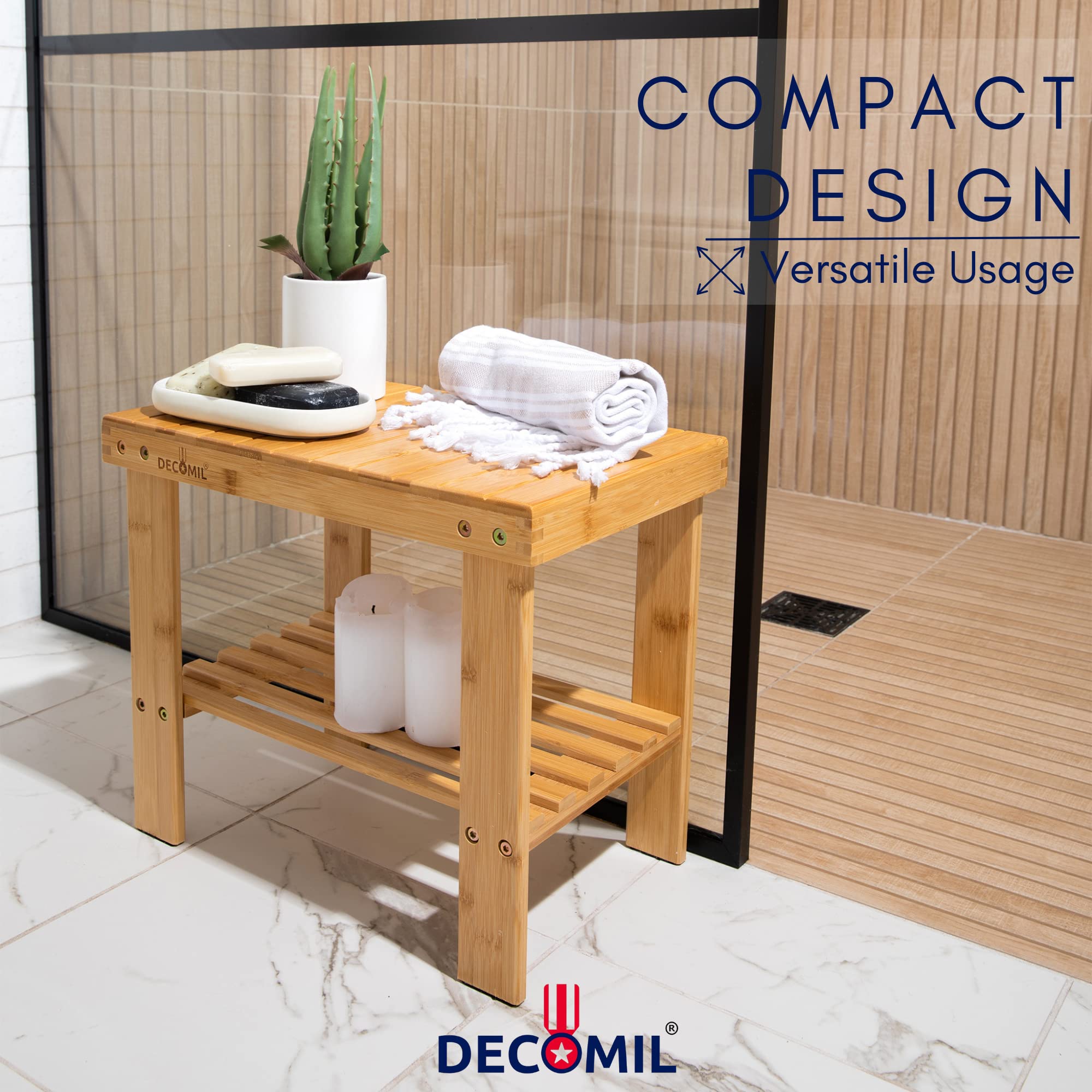 DECOMIL - Bamboo Shower Bench 16”, Foot Rest Shaving Stool with Storage Shelf | Nonslip Feet & Waterproof Bathing Bench | Perfect for Indoor and Outdoor Use