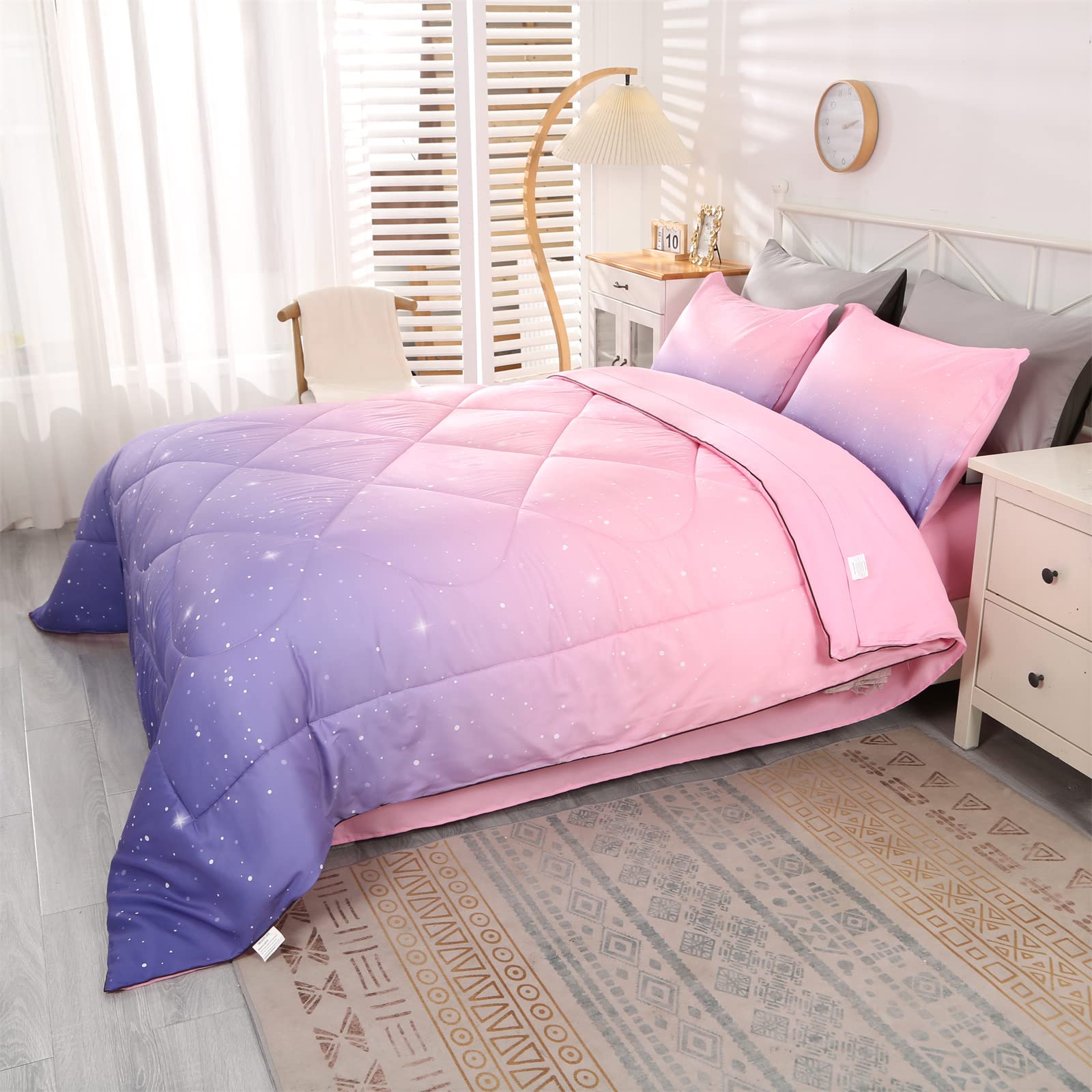 Wowelife Glitter Teen Bedding Sets for Girls Gradient Full Size 5 Pieces Comforter Set Pink Purple Kids Comforter Sets Lightweight with Comforter, Flat Sheet, Fitted Sheet and 2 Pillowcases