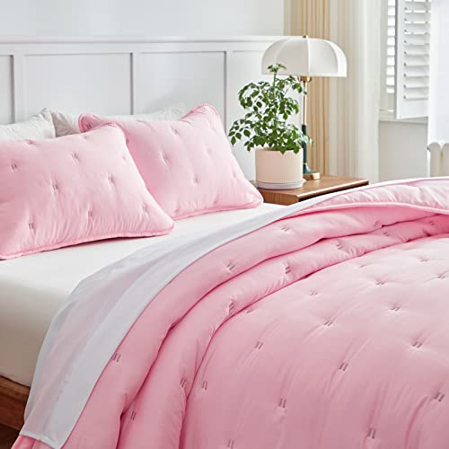 Joyreap 3 Pieces Quilt Set Queen Size Pink, Microfiber Lightweight Quilt Bedding Set, Bedspread Coverlet Bed Cover for All Season, 1 Quilt and 2 Pillow Shams- 90x90 inches