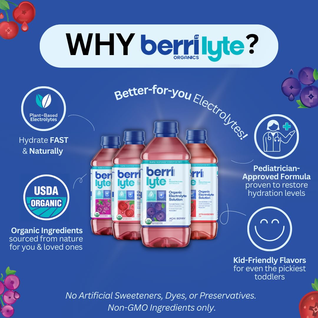 Berri Lyte Advanced Plant Based Organic Electrolyte Solution β Pediatric Rehydration Drink β Natural Sugar Strawberry Flavor, 1 L, 6 ct