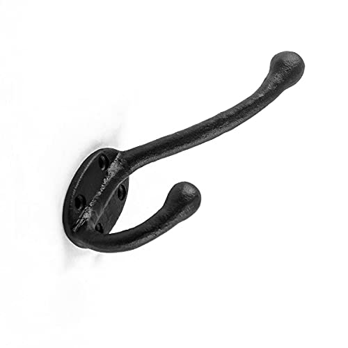 Renovators Supply Manufacturing Black Wrought Iron Robe and Coat Double Hooks 5 in. Long Rustic Entry Way Hat or Jacket Hanger Wall Mount Rust Resistant Bathroom Towel Hooks with Hardware Pack of 6