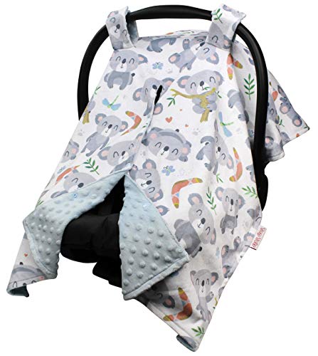 Baby Car Seat Canopy Cover - Baby Koala Bears & Butterflies with Light Blue Minky Dot