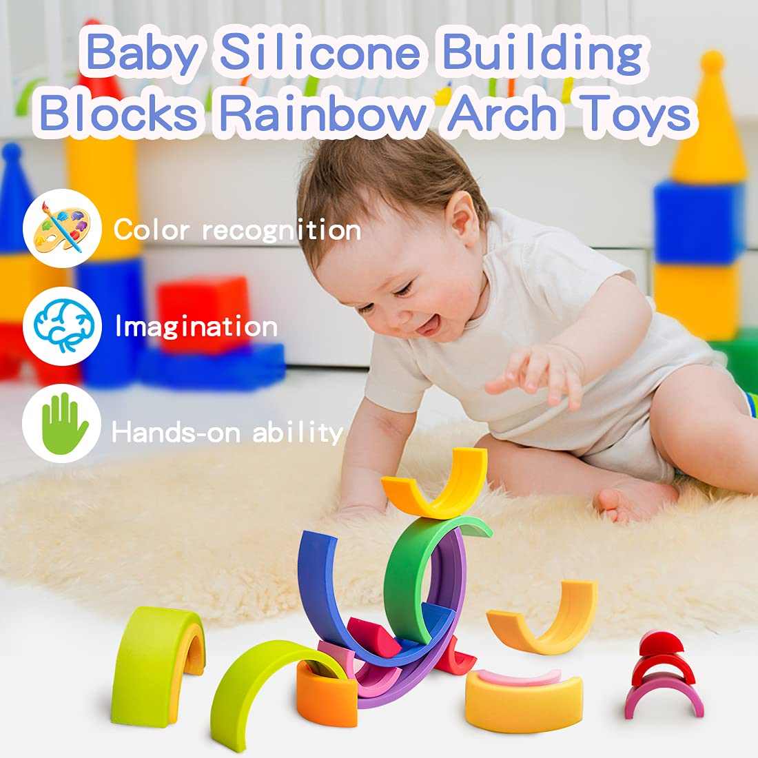 let's make Rainbow Stacking Toy Baby Silicone Stacker Building Blocks Arch Shape Nesting Puzzle Montessori Toy 3 Years Early Development Sensory Toy (6Pcs)
