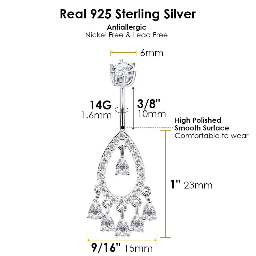 Arardo Sterling Silver Belly Button Rings, Real 925 Sterling Silver, Flower CZ Belly Piercing, 14G Sterling Silver Navel Piercing Rings, Dangle Big Teardrop, 10mm, SS25-1
