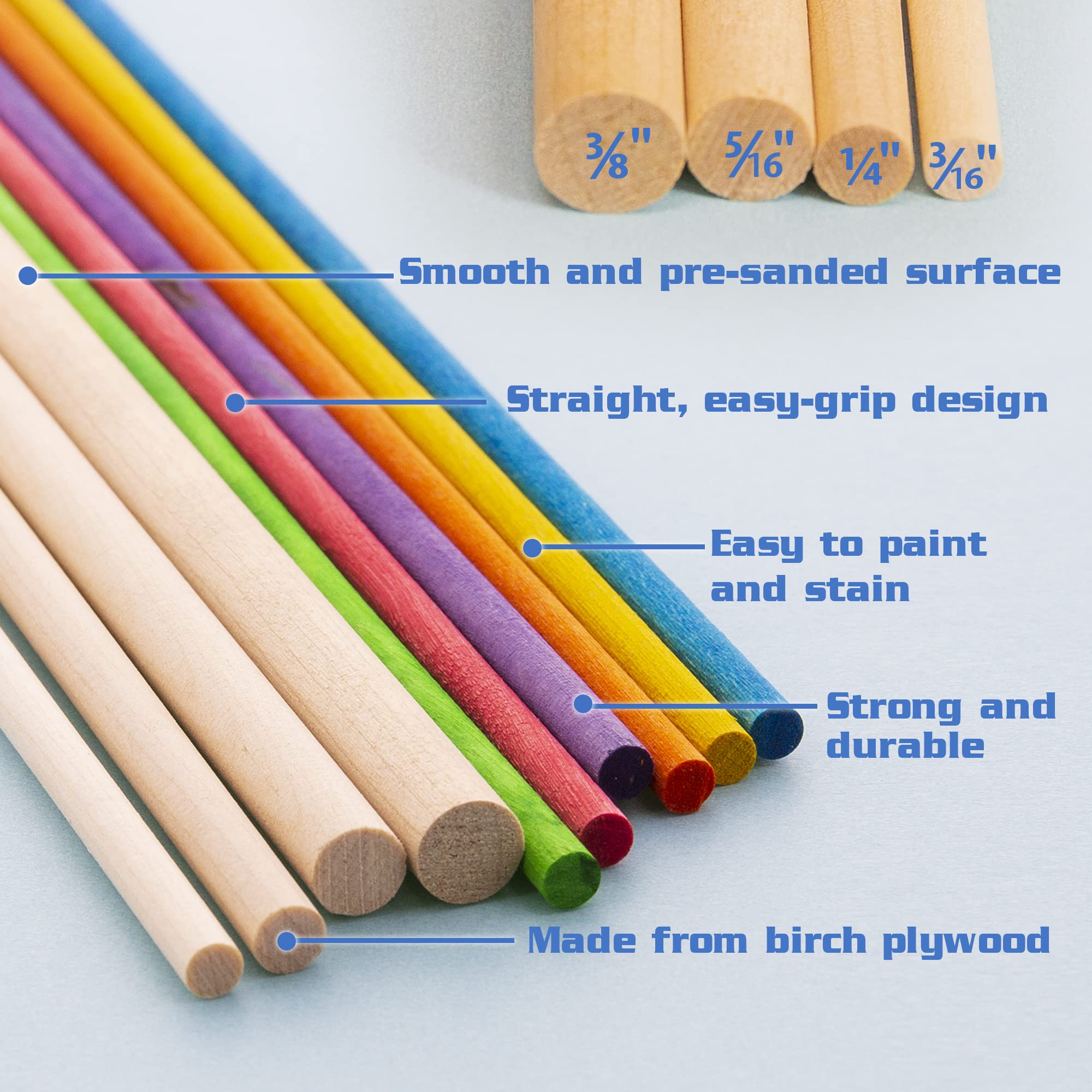 BAZIC Wooden Dowel Rods Wood Sticks, 3/8" x 12" Round Natural Color Hardwood Stick, Unfinished Wood for Crafts Lollipops Cake Support (6/Pack), 1-Pack