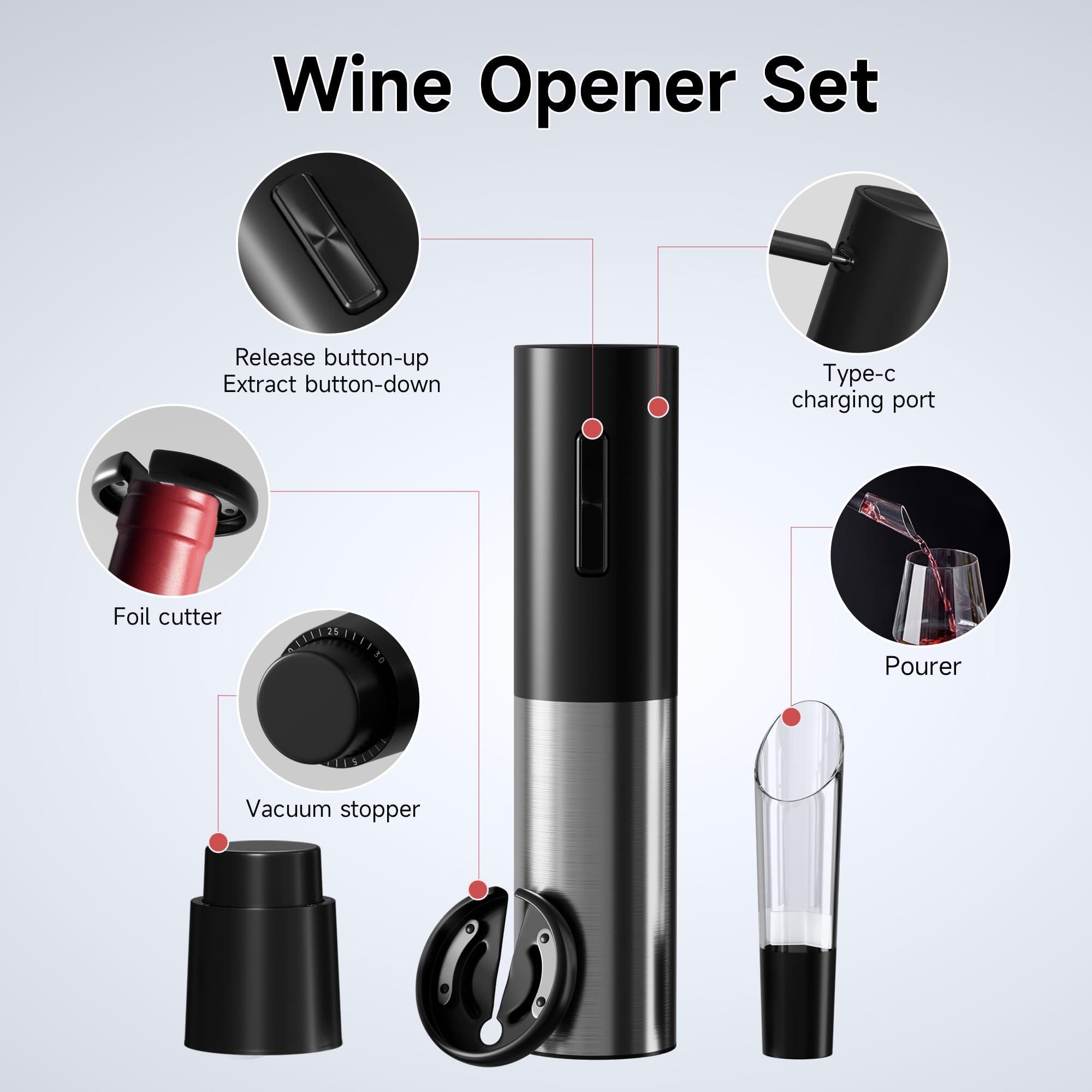 Electric Wine Opener, Automatic Wine Bottle Corkscrew with Air Pump, Foil Cutter, Pourer, Vacuum Stoppers (4PCS), Professional Easy Rechargeable Vino Opener Set Suitable for Home, Travel