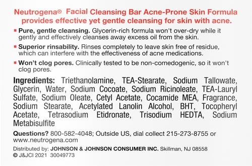Neutrogena Facial Cleansing Bar Treatment for Acne-Prone Skin, Non-Medicated & Glycerin-Rich Formula Gently Cleanses without Over-Drying, No Detergents or Dyes, Non-Comedogenic, 3.5 oz