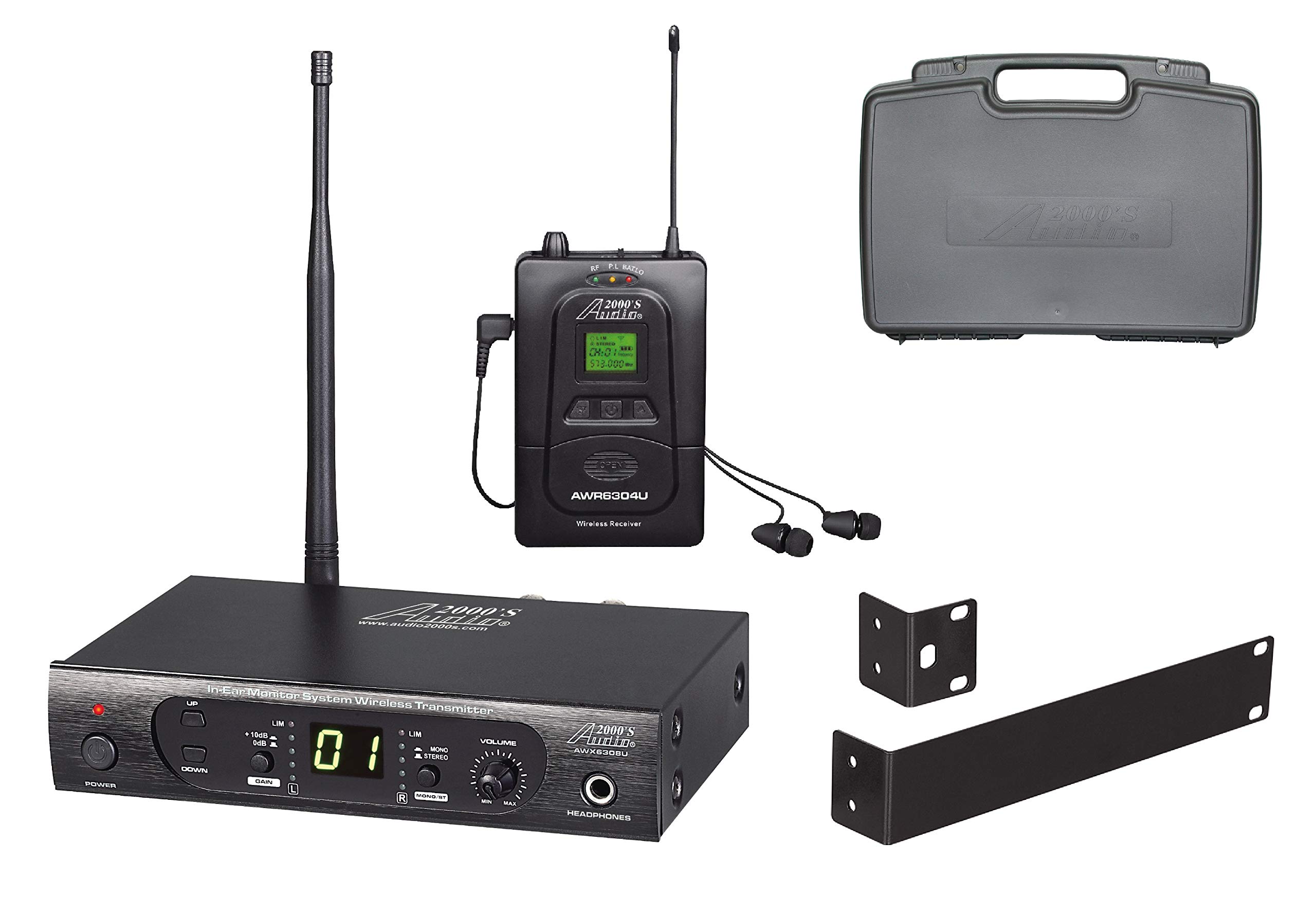 Audio2000'S AWM6308U UHF 100 Selectable Frequency Wireless in-Ear Monitor System with a PVC Carrying Case