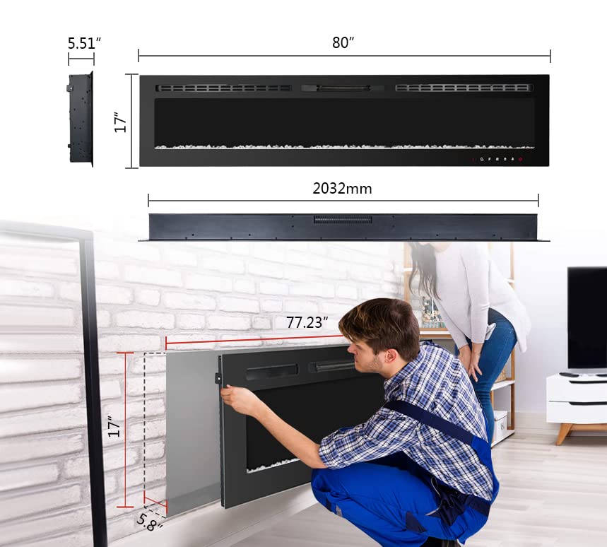 Anpuce 80 inch Ultra-Thin Electric Fireplace Recessed and Wall Mounted with Touch Screen Control Panel/Remote Control- Timer,Realistic 5 Flame - Log & Crystal Hearth Options