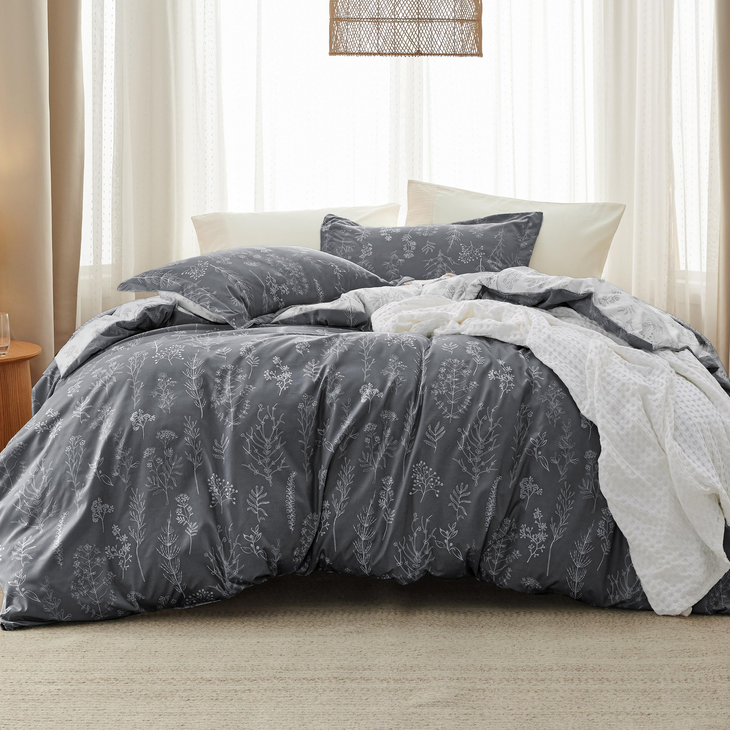 Bedsure King Comforter Set - Dark Grey Comforter, Cute Floral Bedding Comforter Sets, 3 Pieces, 1 Soft Reversible Botanical Flowers Comforter and 2 Pillow Shams