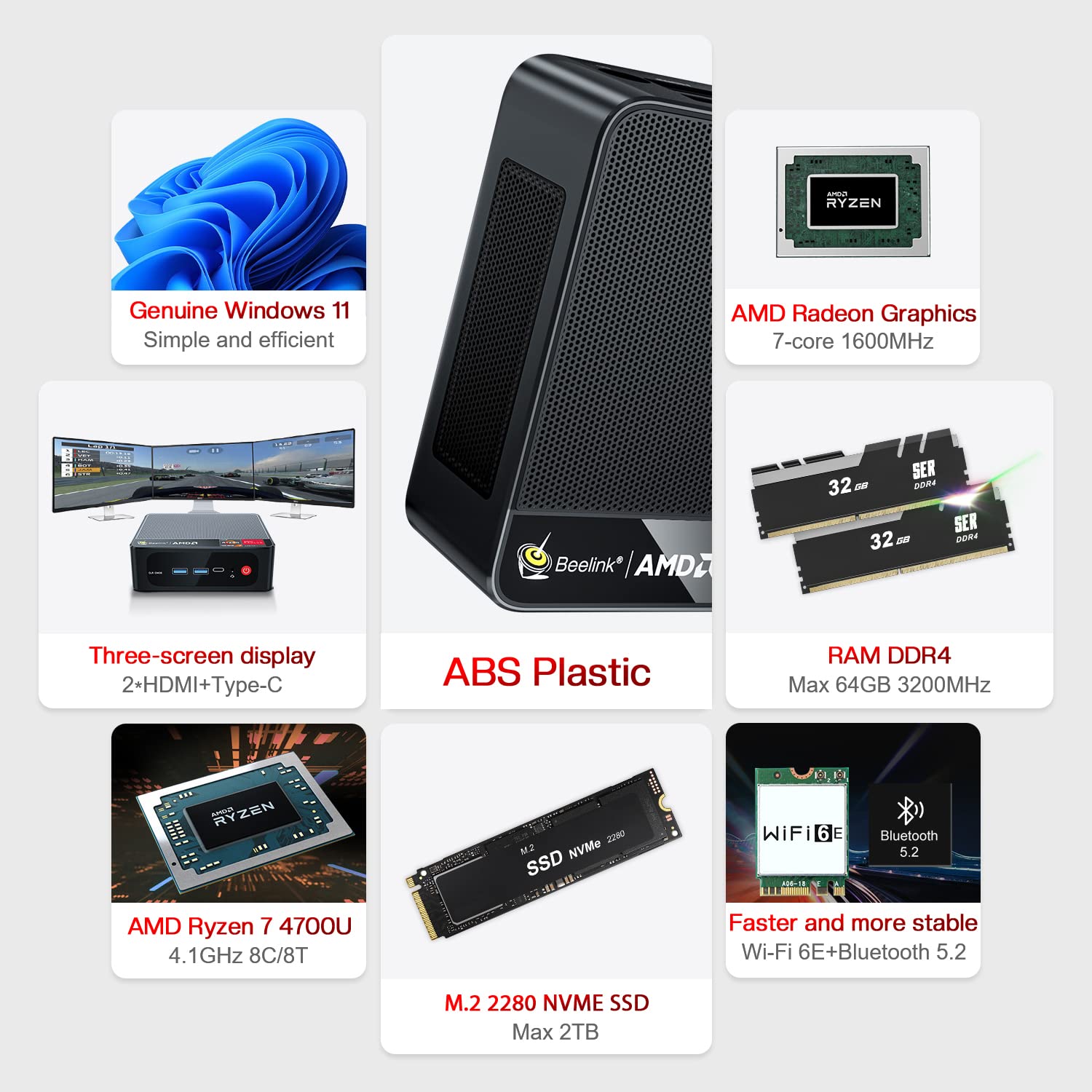 Beelink Mini PC, AMD Ryzen 7 5700U 8 Core(Up to 4.3GHz), 16GB DDR4 RAM 1TB NVMe SSD, SER5 Pro Mini Desktop Computer Support 4K@60Hz Output/WiFi 6/BT5.2/DP/HDMI/USB-A3.2/USB-C for Gaming/Office/Home