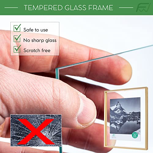 FrameWorks 11”x14” Matted to 8”x10” – Deluxe Brass Gold Aluminum Contemporary Picture Frame with Tempered Glass and Removable Mat