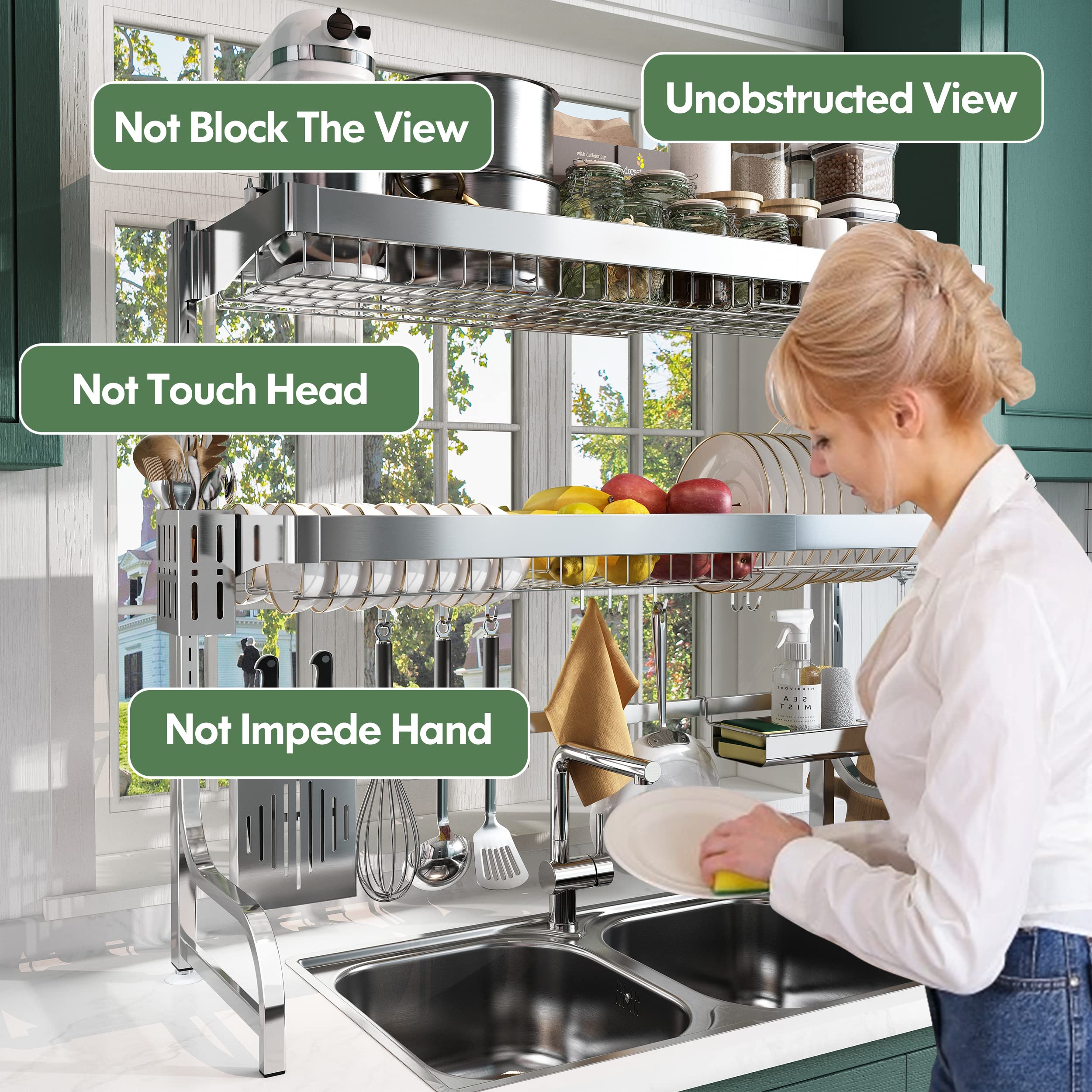 BOOSINY Over Sink Dish Drainer Drying Rack,Adjustable (25.5"-35.5") 3 Tier Large Dish Racks for Kitchen Storage Counter Organizer,Full 304 Stainless Steel Shelf with Utensil Holder and 10 Hooks