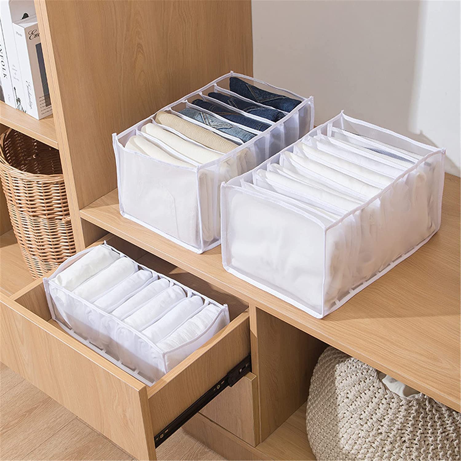 LELEBEAR Lakehemlock Wardrobe Clothes Organizer, 7 Grids Foldable Jeans Compartment Storage Box, Closet Organizers and Storage Baskets for Bedroom Dorm Room (2 Pcs White, M)