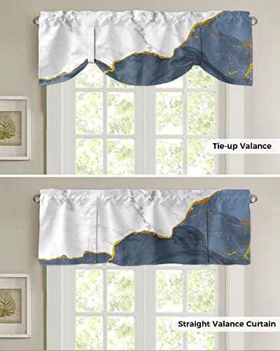 Marble Blue Haze Tie Up Valance Curtain for Kitchen Living Room Bedroom Bathroom Cafe, Rod Pocket Small Short Window Drape Panel Adjustable Drapary Print, Modern Abstract Gold White Gray 54"x18"