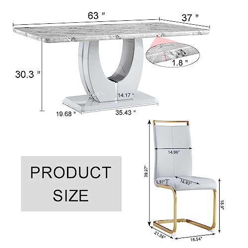JUFU Modern Dining Table Set for 6,Rectangula Kitchen Table Set with Faux Marble Tabletop&6 Pu Leather Upholstered Chairs Ideal for Dining Room, Kitchen