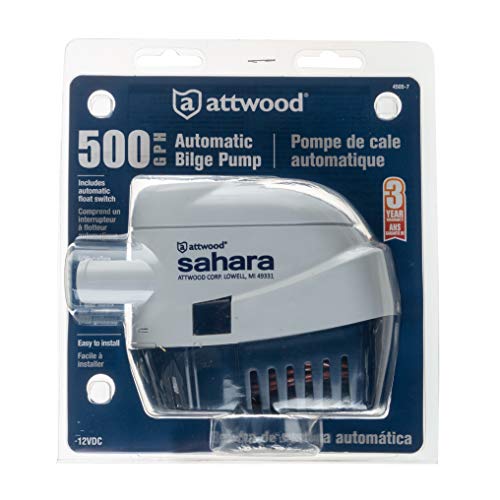 Attwood 4505-7 Sahara S500 Automatic Bilge Pump, 12-Volt, 1.5-Amp Draw, ¾-Inch Interior Diameter Hose, 29-Inch 16-Gauge Wire