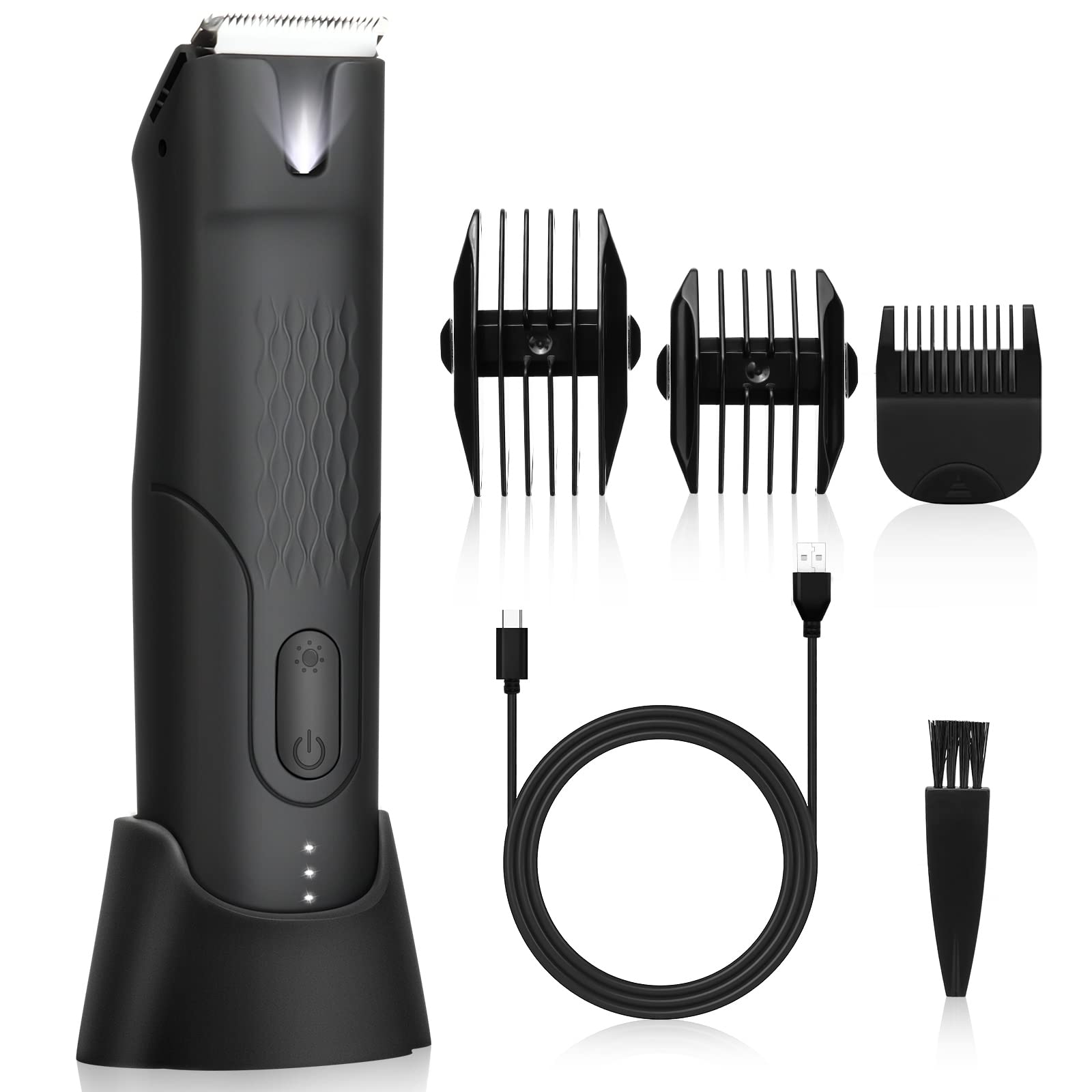 Beesjuy Men's Body Hair Trimmer, Waterproof and Dry Use, LED Light, Ceramic Blade, Matte Material, 100 Minutes Battery Life
