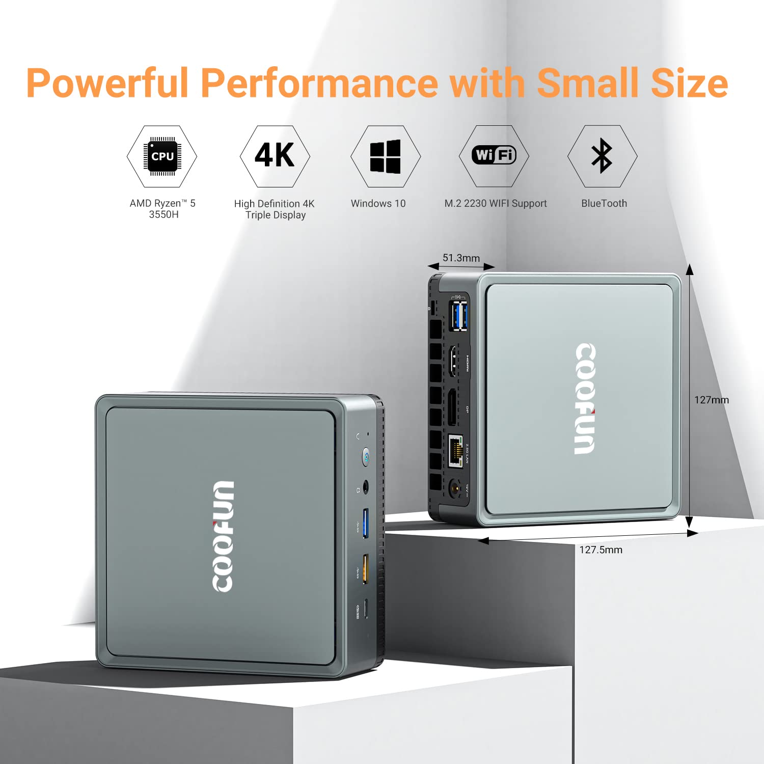 COOFUN UM350 Mini PC AMD Ryzen 5 3550H Mini Computer DDR4 16 GB RAM 512 GB PCle SSD, Radeon Vega Graphics, Dual Band WiFi HDMI/DisplayPort/USB-C, 2.5G RJ45 LAN, 4X Ports USB 3.0