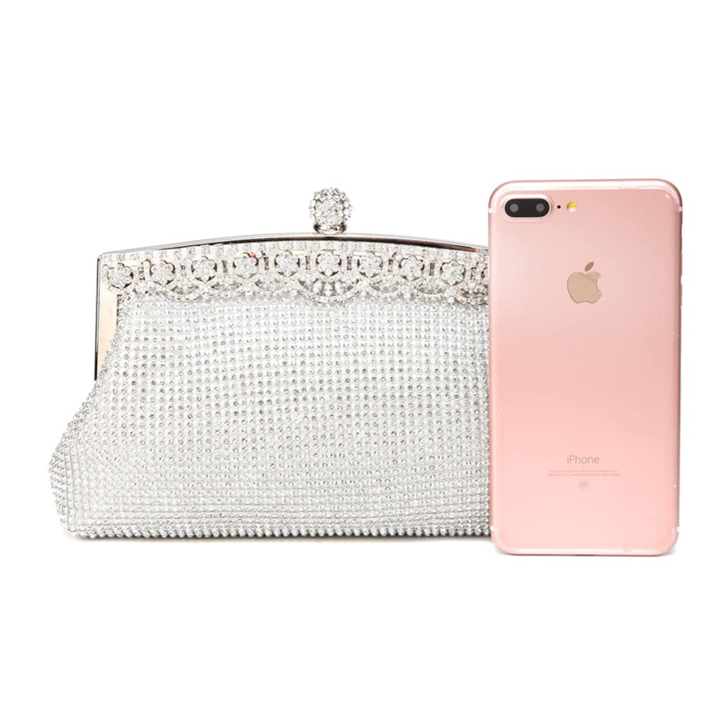 Mogor Women's Rhinestone Retro Crystal Clutch Bling Glitter Wedding Party Bridal Handbag Elegant Formal Evening Bag(Silver)