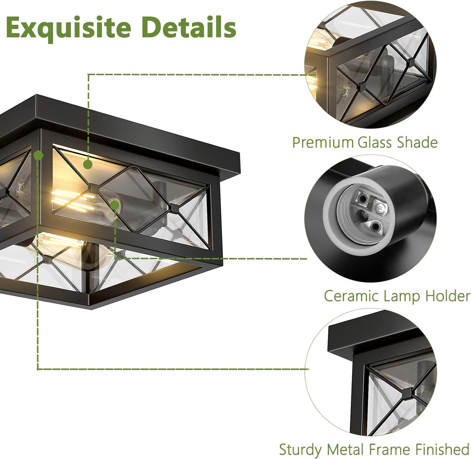 Asnxcju Farmhouse Light Fixtures Ceiling Mount, 2-Light Black Flush Mount Ceiling Light with Clear Glass Shade, Metal Cage Square Close to Ceiling Lamp for Bathroom Kitchen Porch (Bulbs Not Included)