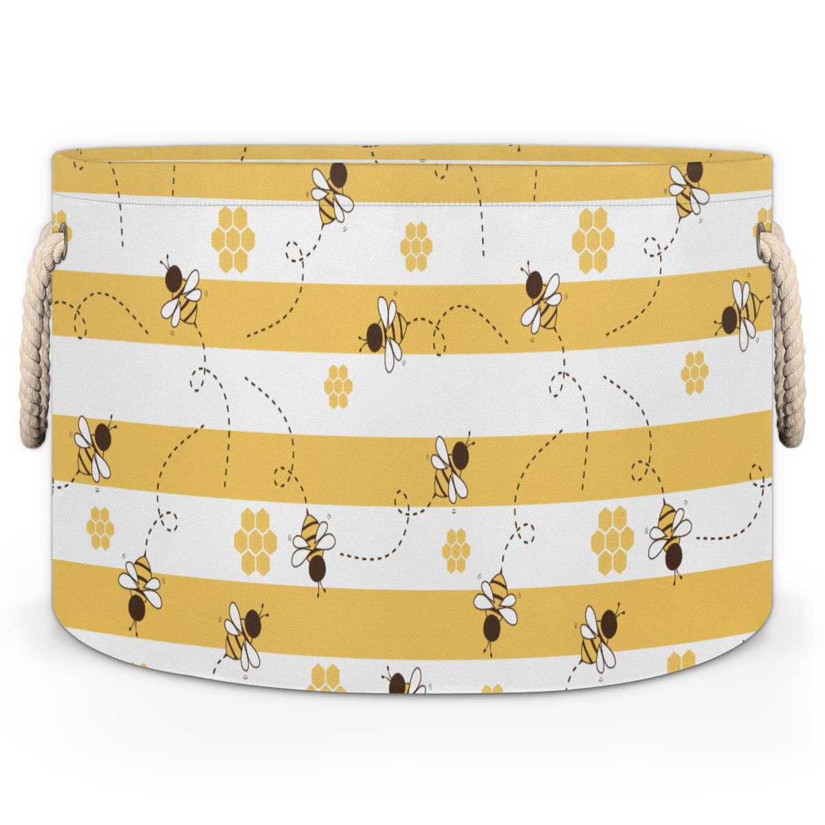 Bee Large Round Storage Bin Basket, Honeycomb Stripe Bee Decor Foldable Clothes Bag Folding Washing Bin Collapsible Fabric Laundry Hamper with Handle for Toys Stuffed Blanket Closet Bedroom Nursery