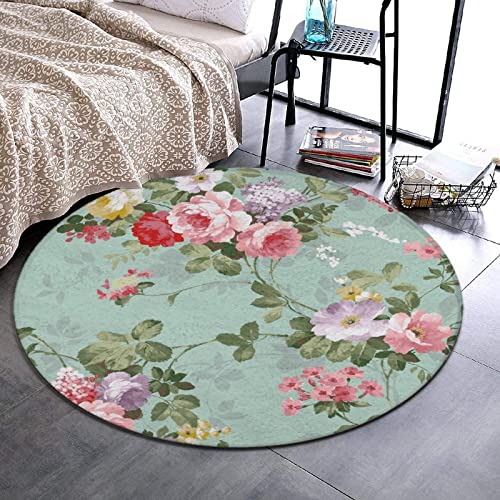 Luxury Soft Round Area Rug Home Decor for Bedroom Living Room Office, Shabby Chic Flowers Roses Pedals Dots Leaves Buds Spring Season Theme, Fashion Throw Rug Circle Carpet, 5ft Diameter