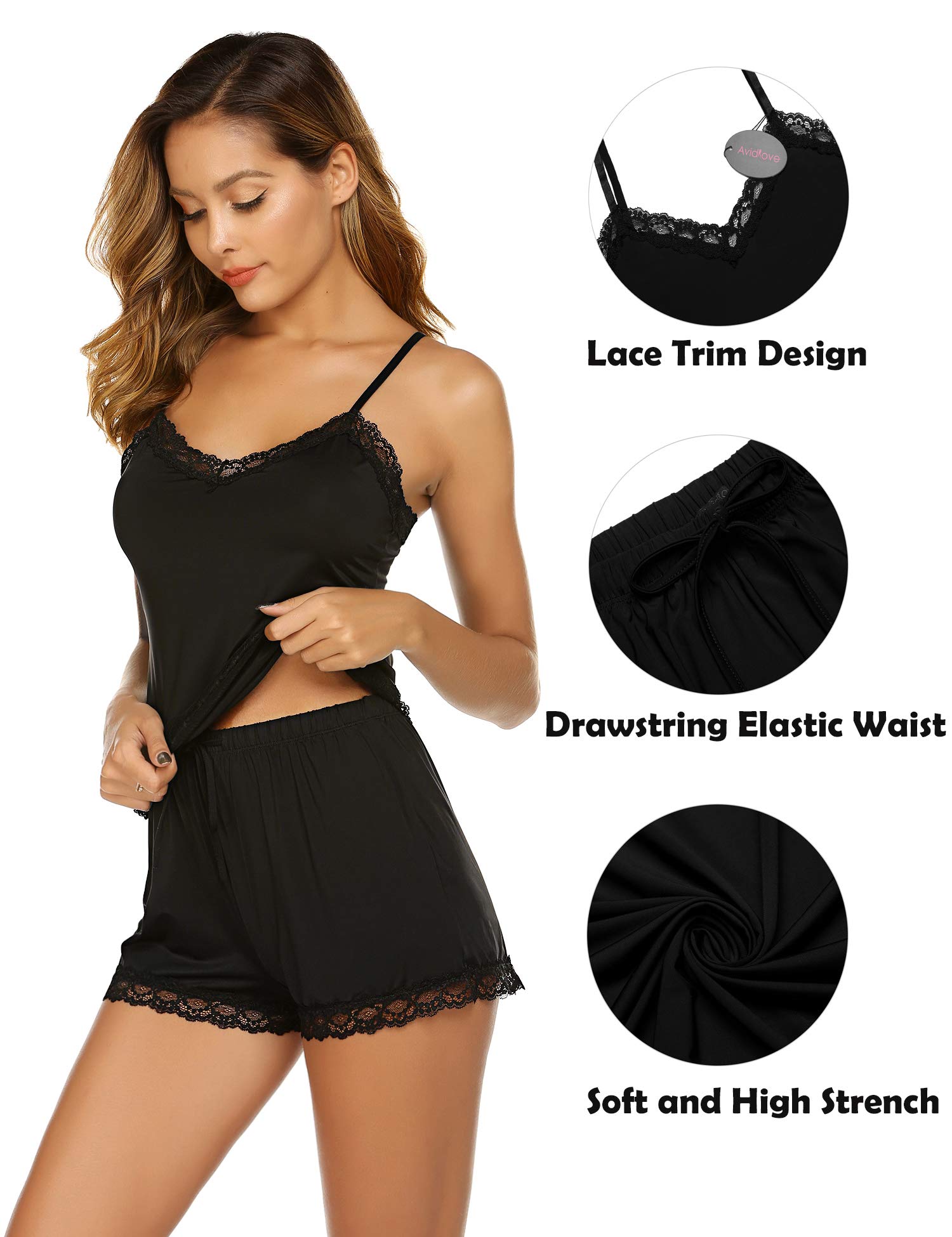 Avidlove Women's Shorts Pajama Set Cotton Sleepwear Lace Trim Pjs Set with Shorts (Black,M)