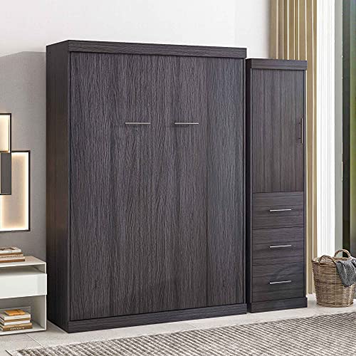 ATY Full Size Murphy Bed with Wardrobe and Drawers, Wood Storage Bedframe Can be Folded into a Cabinet, Bedroom Furniture, Save Space Design, No Box Spring Required, Gray