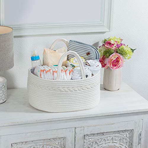 Baby Diaper Caddy Organizer 100% Cotton Canvas Stylish Rope Nursery Storage Bin Large Portable Tote Bag & Car Organizer with Removable Inserts Top Baby Gift Basket and Bonus Diaper Changing Pad