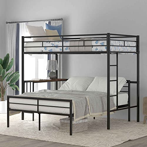 ATY Metal Bunk Beds Twin Over Full Size, L Shaped Steel Bedframe w/Desk & Built-in Ladder and Full-Length Guardrail, No Box Spring Needed, Black