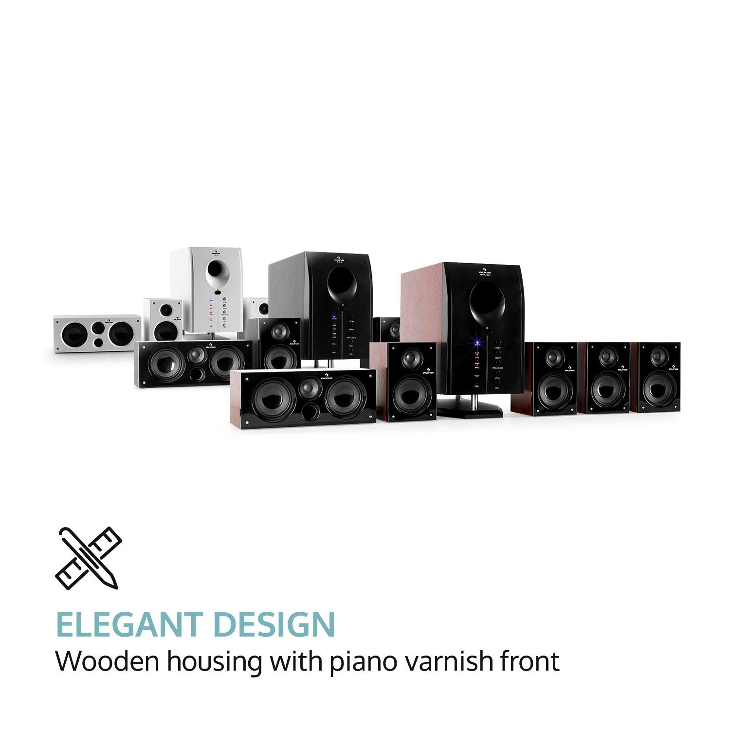 AUNA Areal Active 525-5.1 Surround Sound System, Home Theater System, Elegant Design, Bass Reflex, 5 Satellite Speakers, Bluetooth, USB Port, SD, AUX, Walnut