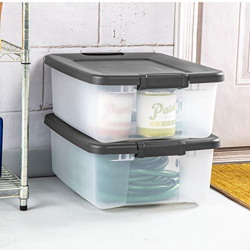 Sterilite 19363V06 25 Quart/24 Liter Shelf Tote, Clear Base with Flat Gray Lid and Latches, 6-Pack