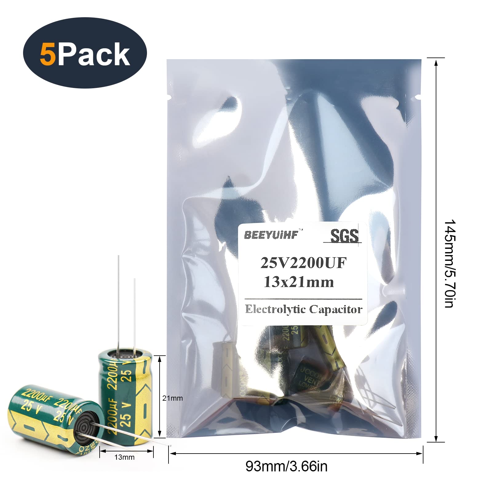 BEEYUIHF 2200UF MFD Capacitor 25V2200UF 13x21mm Aluminum Electrolytic Capacitors ±20% -40℃ to +105℃ (Pack of 5 Pcs)
