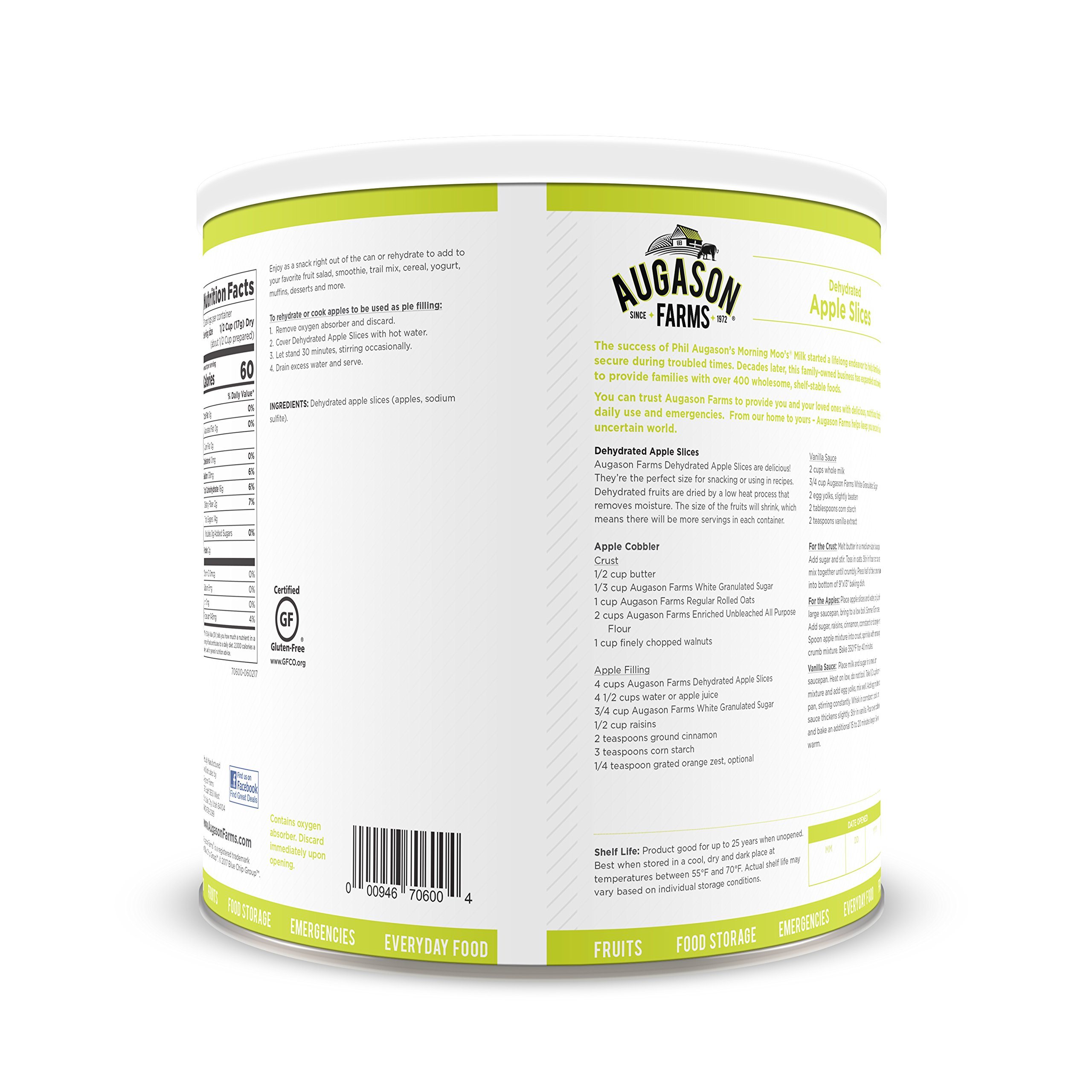 Augason Farms Dehydrated Apple Slices Certified Gluten Free Long Term Food Storage Large No. 10 Can