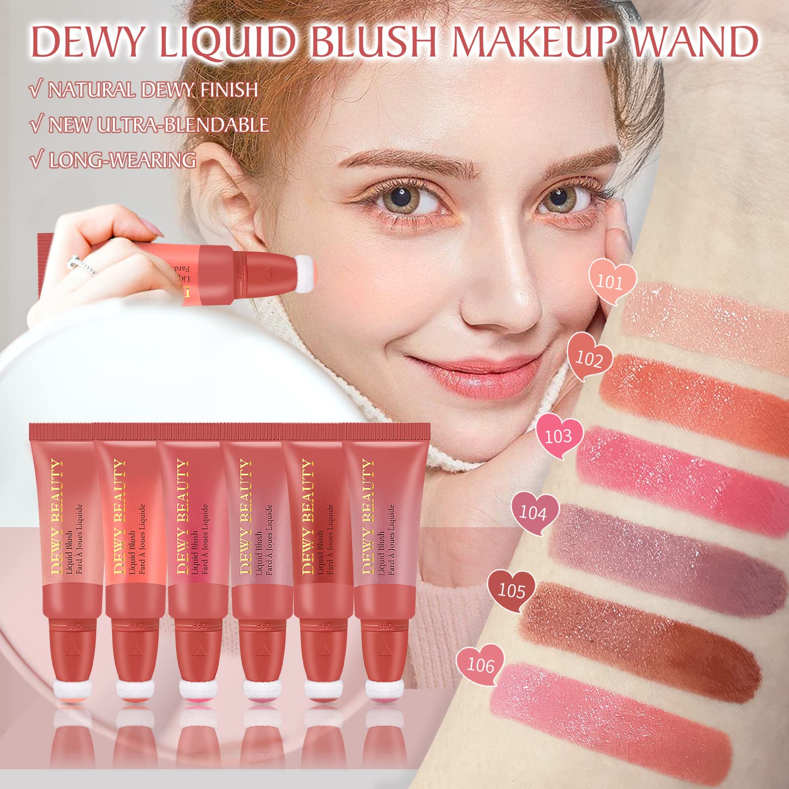 BEFIVECOK 3Pcs Liquid Blush Makeup Wand Set, Soft Cream Blush Stick with Cushion Applicator for Cheeks, Natural Creamy Formula, Lightweight Blendable Dewy Finish, Long-wearing Creme Blush Wand (Set B)