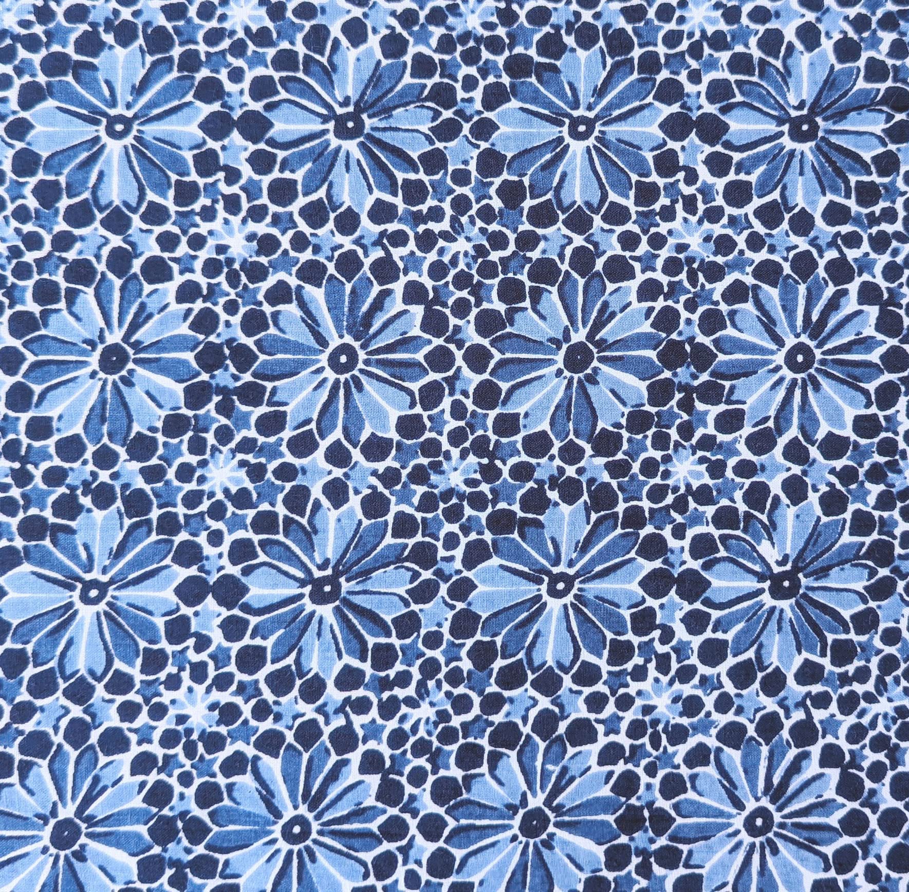 AVKA Studio Hand Block Print Fabric by The Yard - PRECUT 3 Yard 42 Inch Width - 100% Cotton Material - Indigo Blue & White Floral Pattern - Light Weight Indian Cloth for Making Summer Dress Project