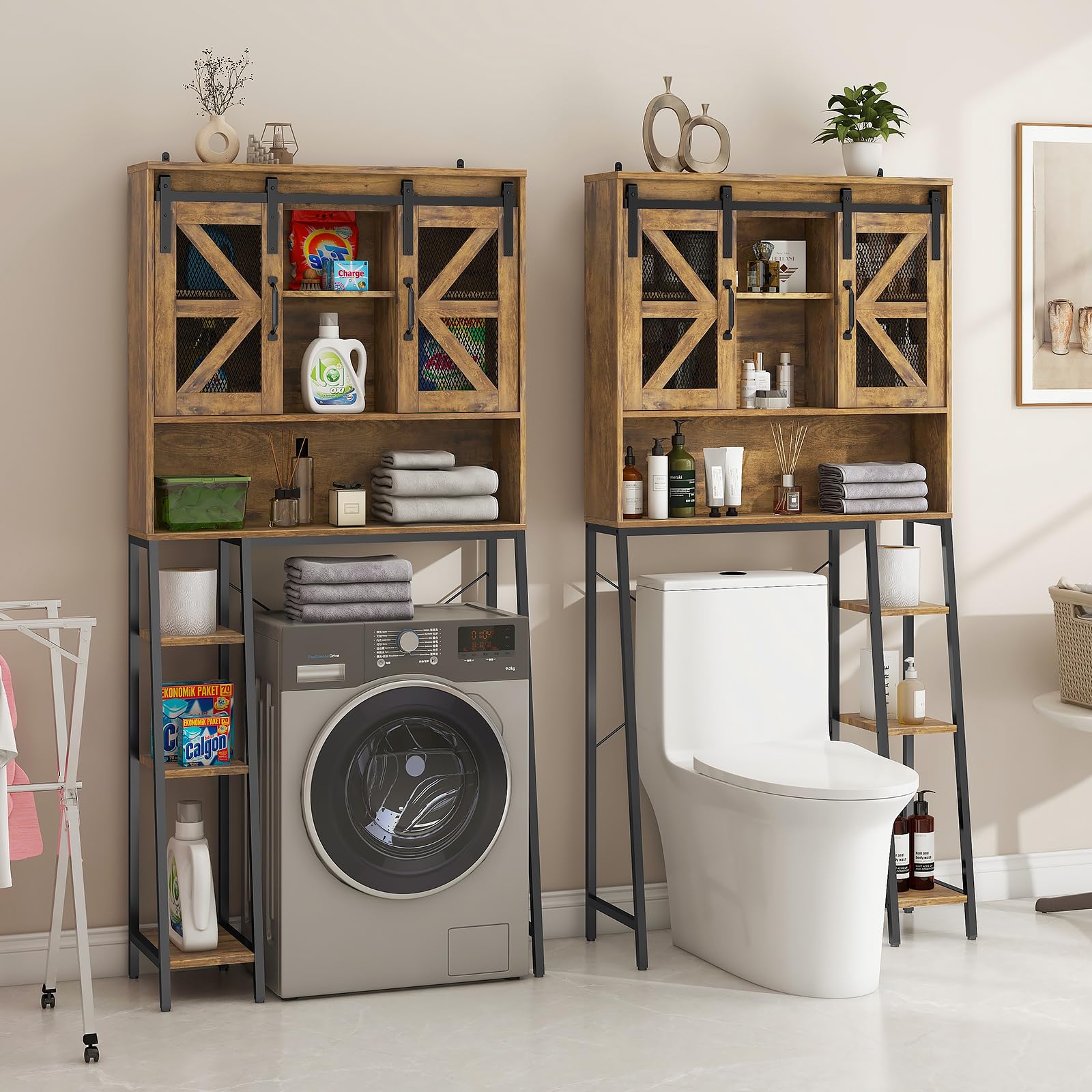 Befrases Over The Toilet Storage Cabinet, Farmhouse Storage Cabinet Over Toilet with 2 Sliding Barn Door,Home Space-Saving Toilet Rack, for Bathroom, Restroom, Laundry.(Brown)